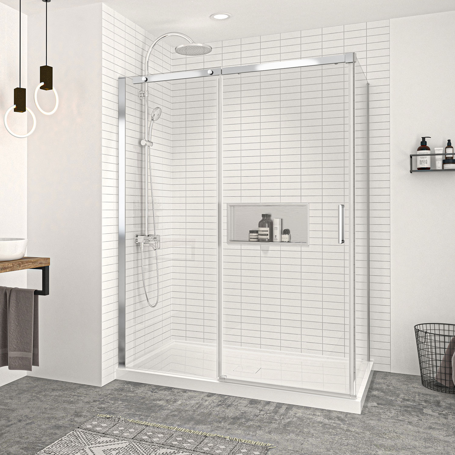 Shower door 60" x 36", in a corner closing on return, wall on the left, door on the right, in chrome